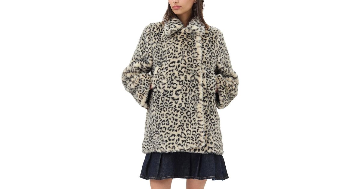Ganni Leopard Faux Fur Coat in Gray | Lyst
