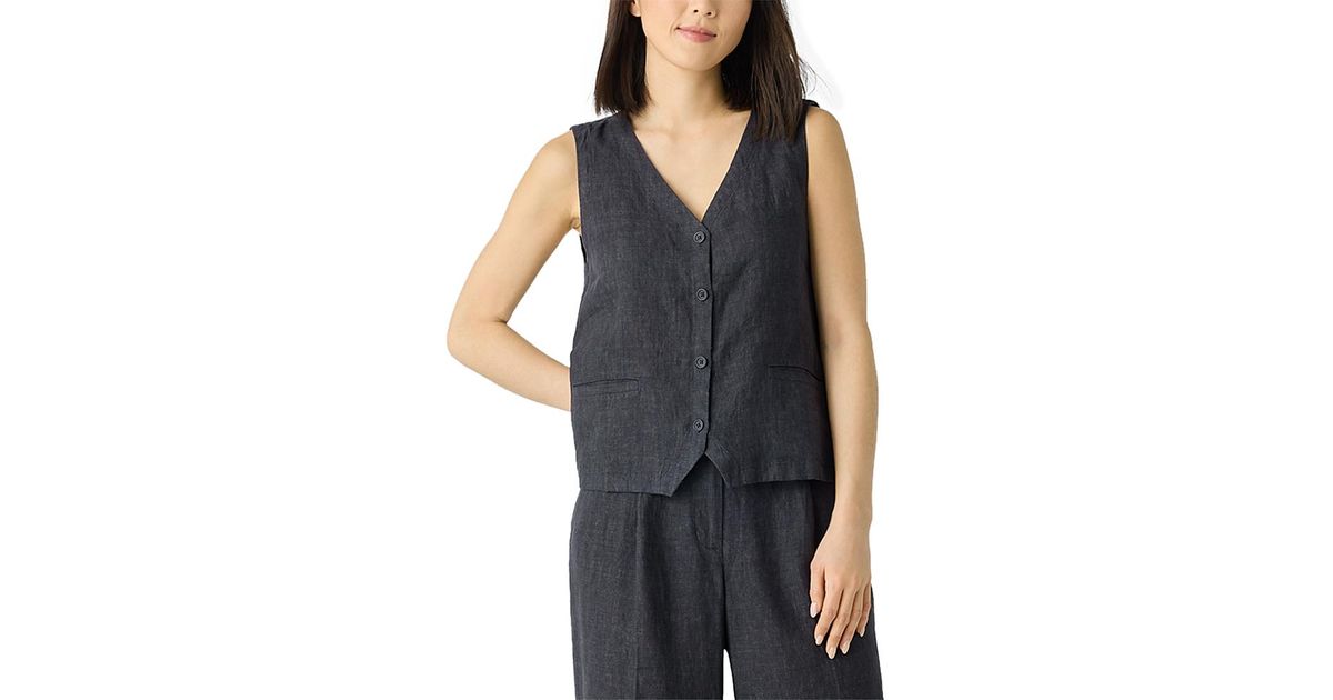 Eileen Fisher Washed Linen Delave Tie Back Vest in Blue | Lyst