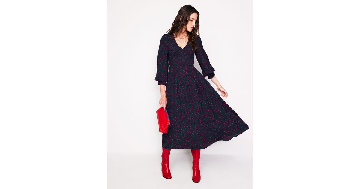 Boden Gemma Smocked Midi Dress-High Risk, Abstract Dot in Blue | Lyst