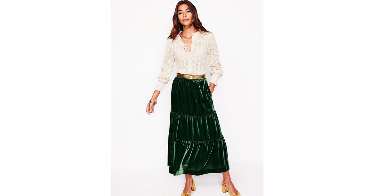Boden Viv Velvet Tiered Maxi Skirt in Green | Lyst UK