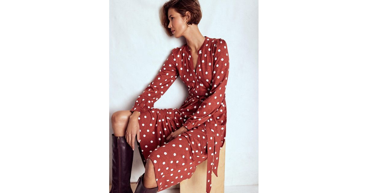 Boden Naomi Long Sleeve Jersey Dress Burnt, Painted Dot in Red | Lyst UK