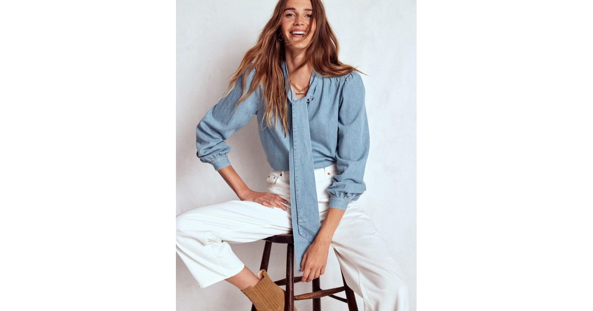 Boden Tie Neck Denim Top in Blue | Lyst UK