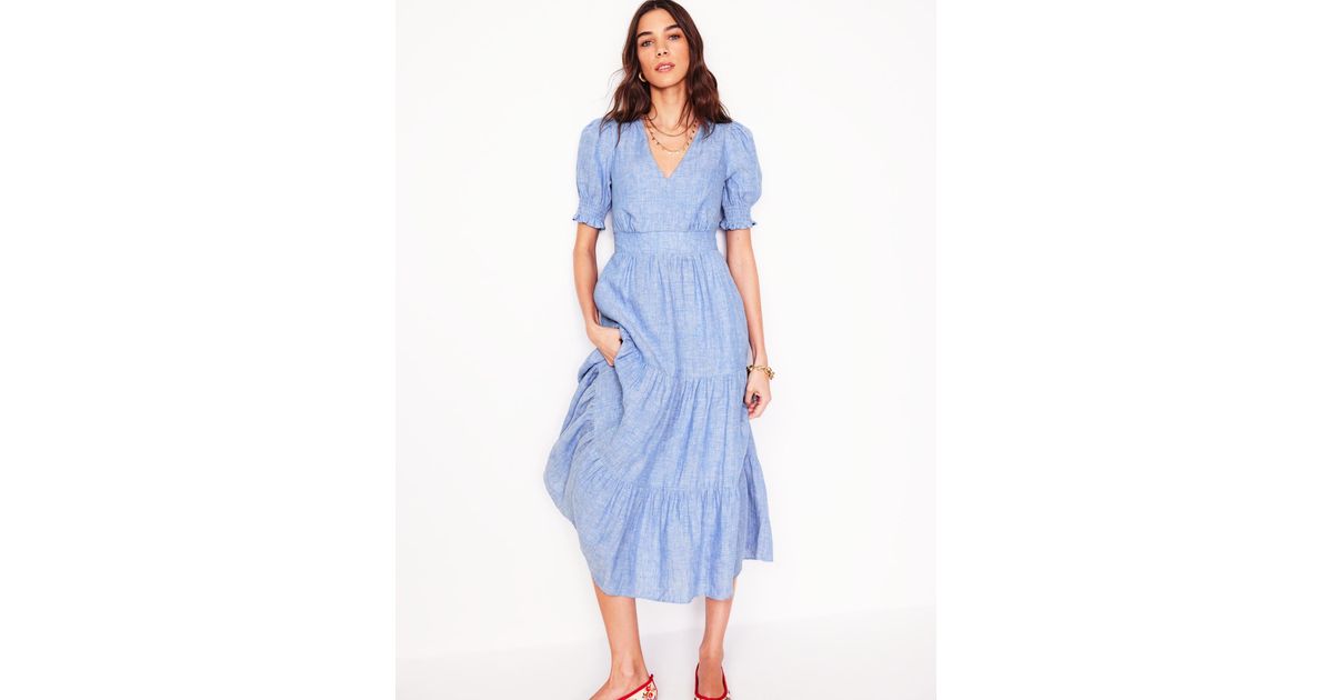Boden Anna Linen Tiered Midi Dress in Blue | Lyst
