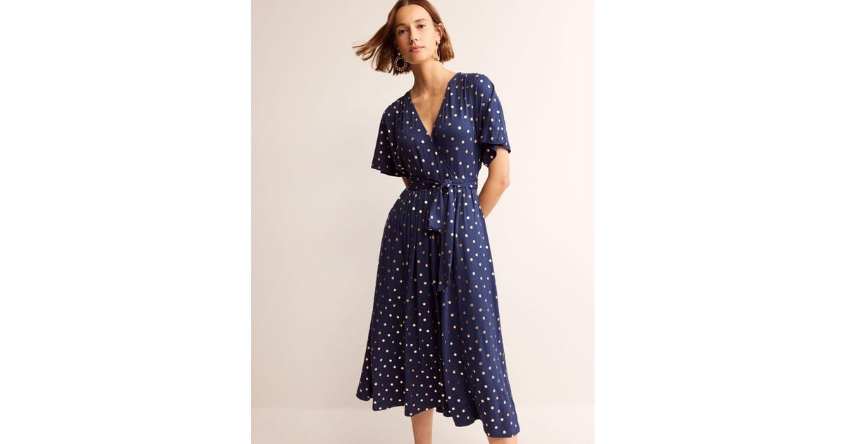 Boden Kimono Wrap Jersey Midi Dress Navy, Scattered Foil Spot in Blue ...