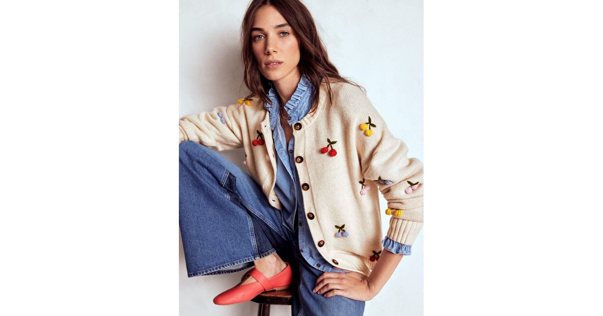 Boden Natalie Embroidered Cardigan-Oatmeal Melange, Cherry in Blue ...