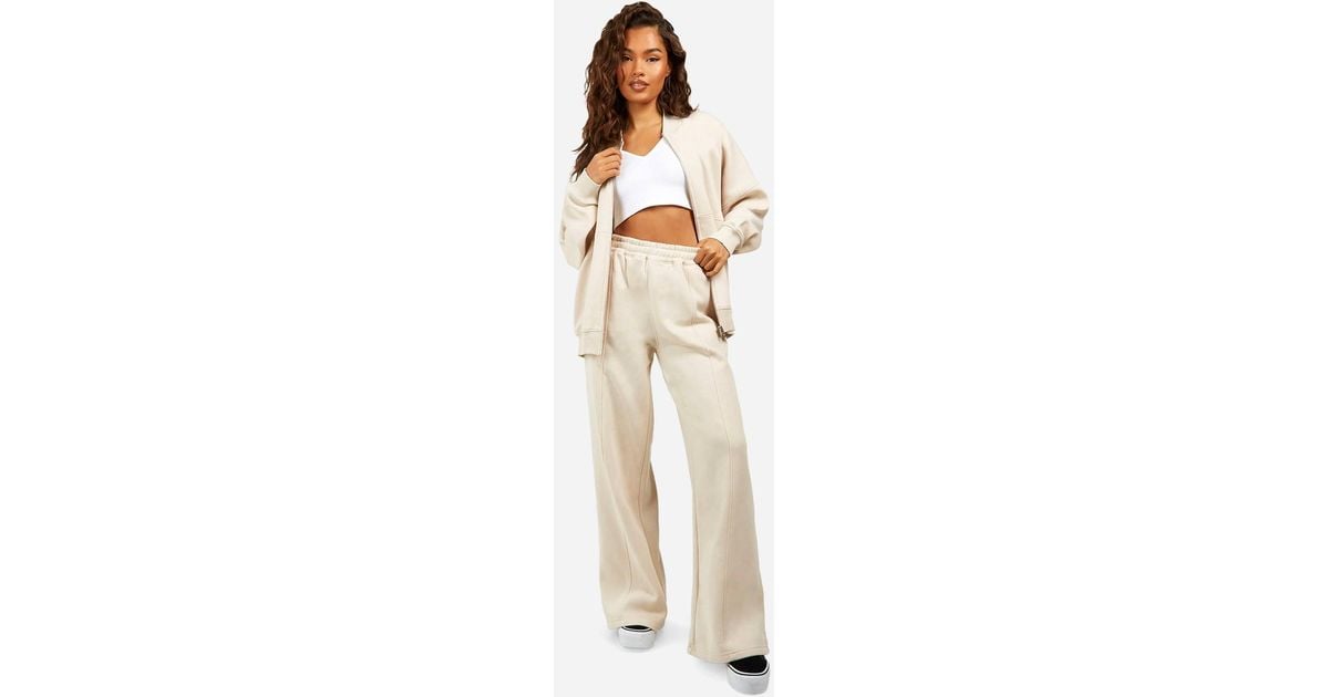 Boohoo Zip Through Bomber Straight Leg Tracksuit in Natural | Lyst