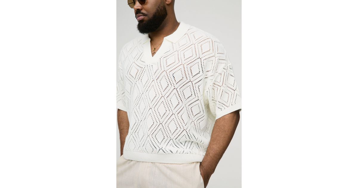 BoohooMAN Plus Short Sleeve Boxy Fit Revere Open Knit Polo in White for ...
