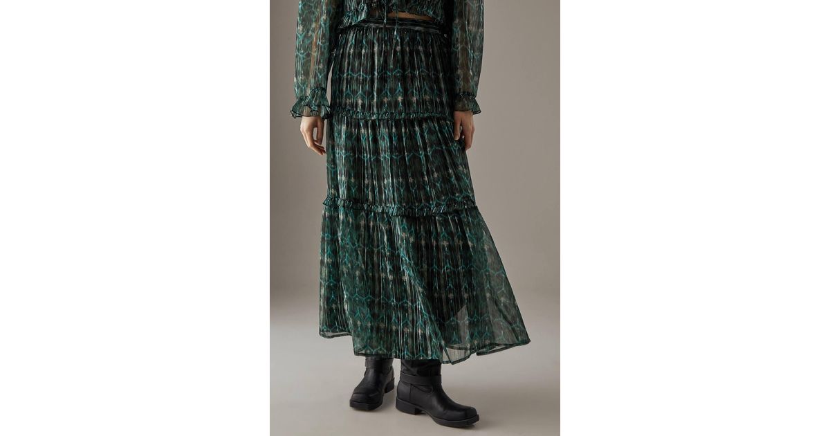 Warehouse Metallic Chiffon Tier Maxi Skirt in Green | Lyst