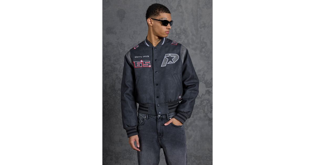 BoohooMAN P-star Boxy Faux Leather Applique Bomber Jacket in Gray for ...