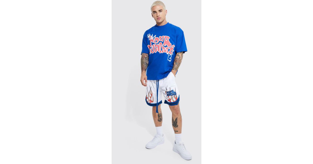 Boohooman Oversized Graffiti T Shirt And Flames Mesh Short Set 1 In