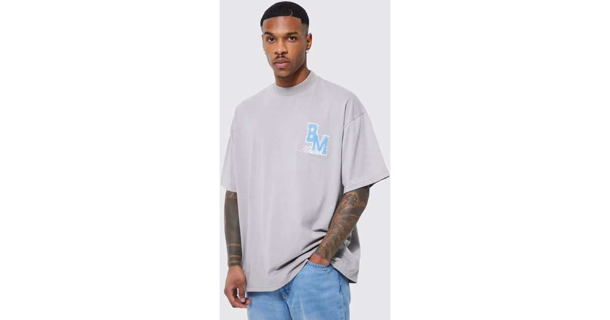 Boohooman Oversized T Shirt With Varsity Applique In Gray For Men Lyst