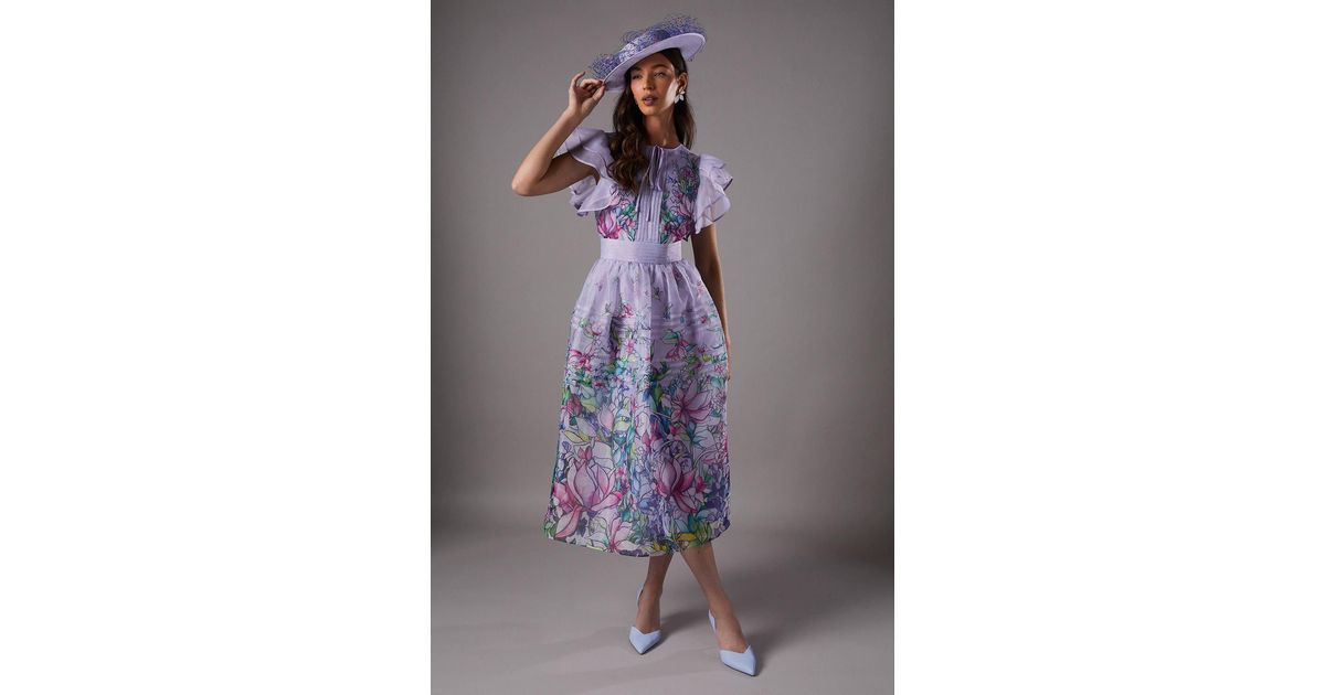 Coast Lisa Tan Organza Ruffle Printed Midi Dress in Purple | Lyst