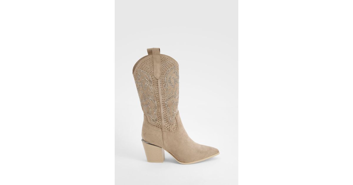 Boohoo Embellished Calf High Western Boots in Natural | Lyst