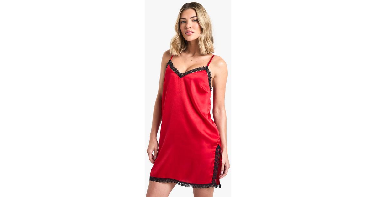 Boohoo Lace Trim Satin Chemise in Red | Lyst