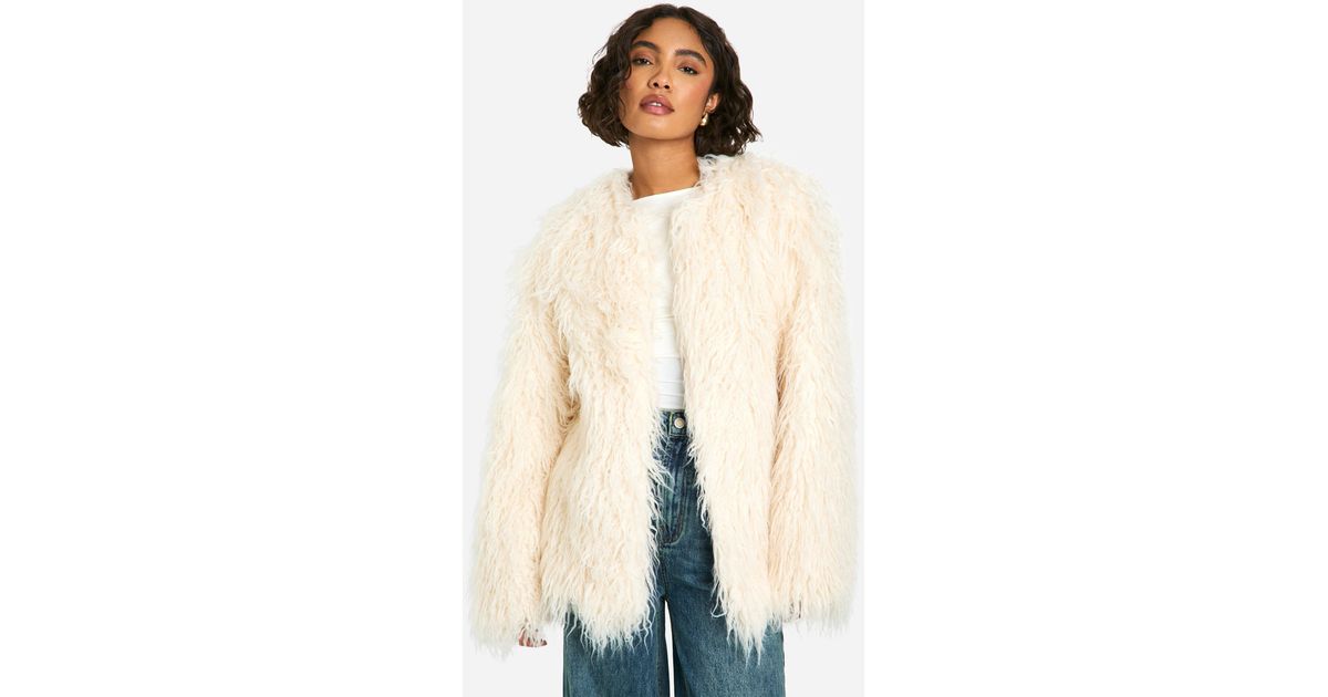 Boohoo Tall Mongolian Faux Fur Coat in Natural | Lyst