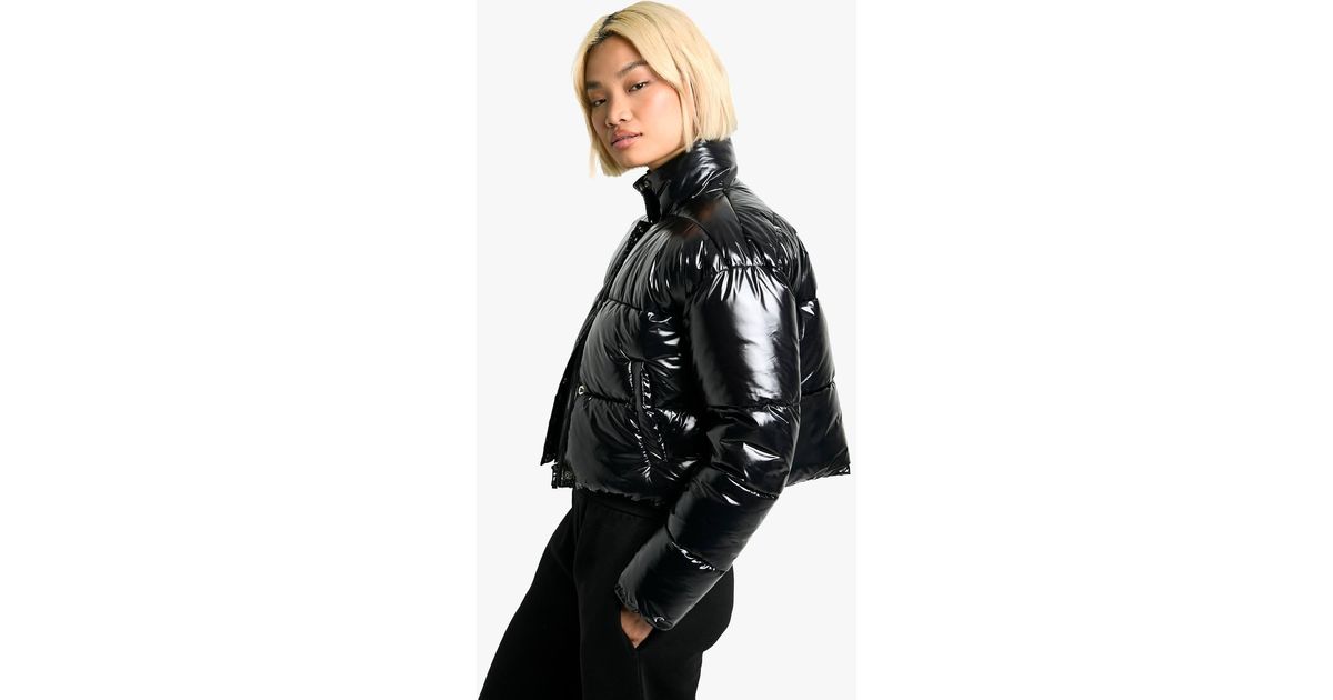 Boohoo Patent Boxy Puffer Jacket in Black | Lyst