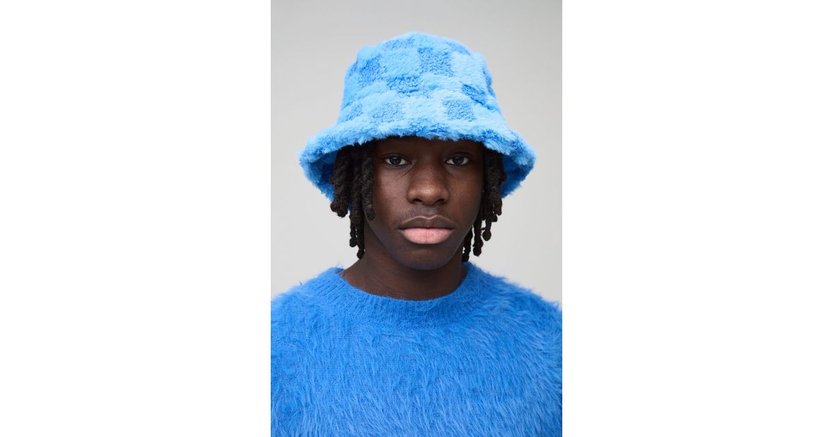 BoohooMAN Fluffy Checkerboard Bucket Hat in Blue for Men | Lyst