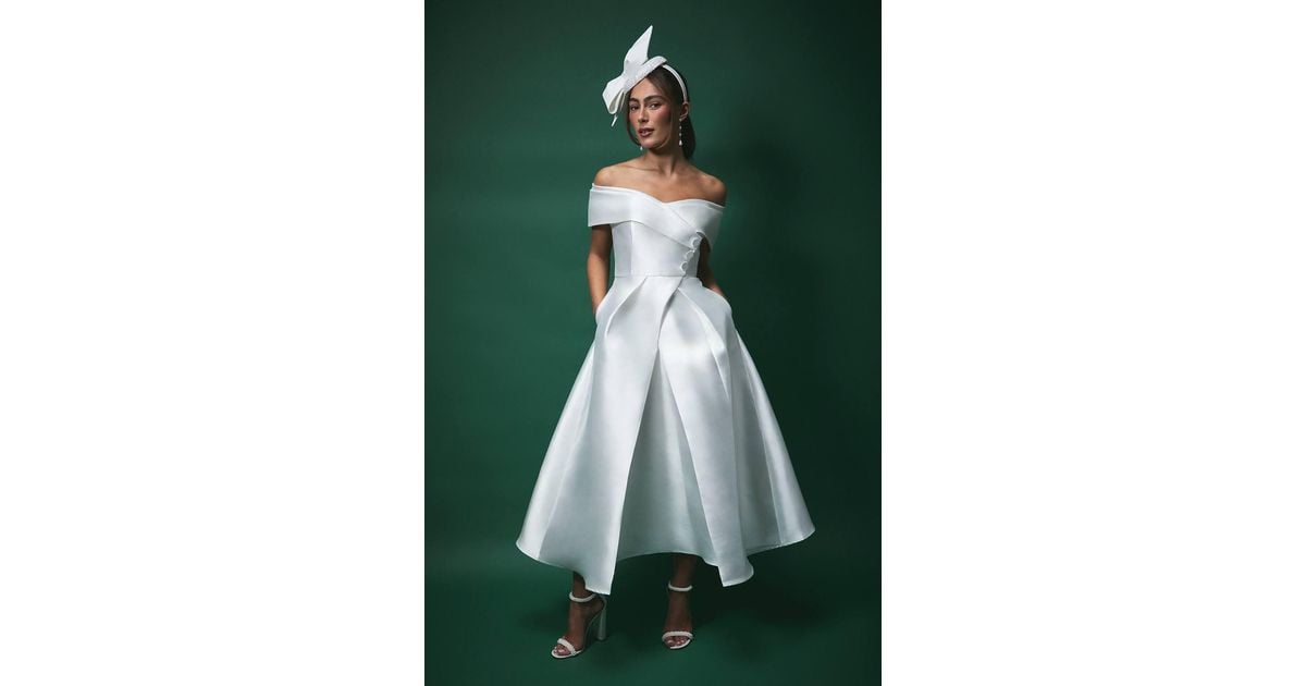 Coast Lisa Tan Twill Bardot Waisted Midi Wedding Dress in Green | Lyst