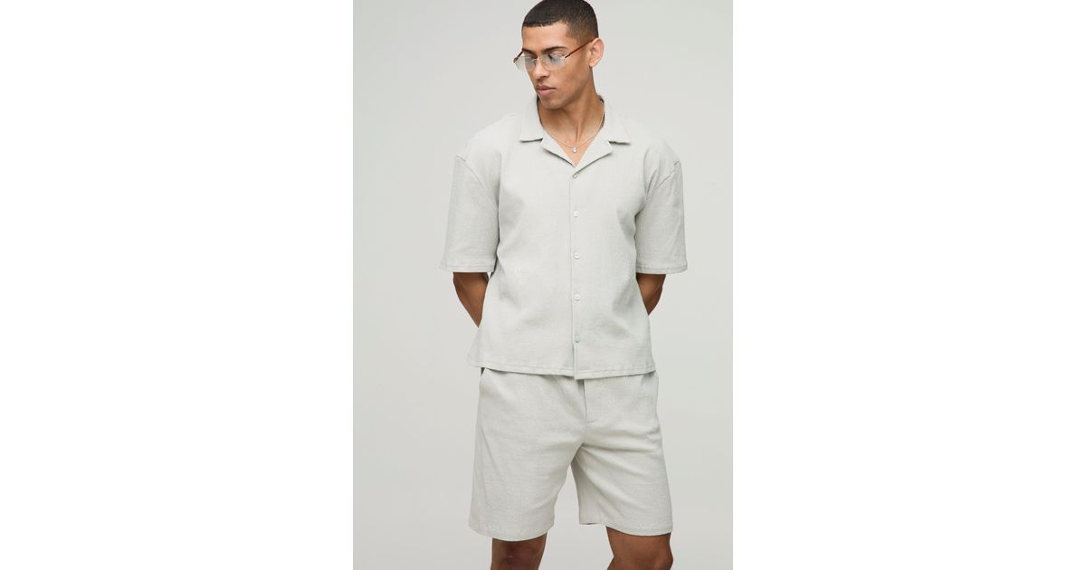 BoohooMAN Oversized Boxy Seersucker Crinkle Shirt & Short Set in Gray ...