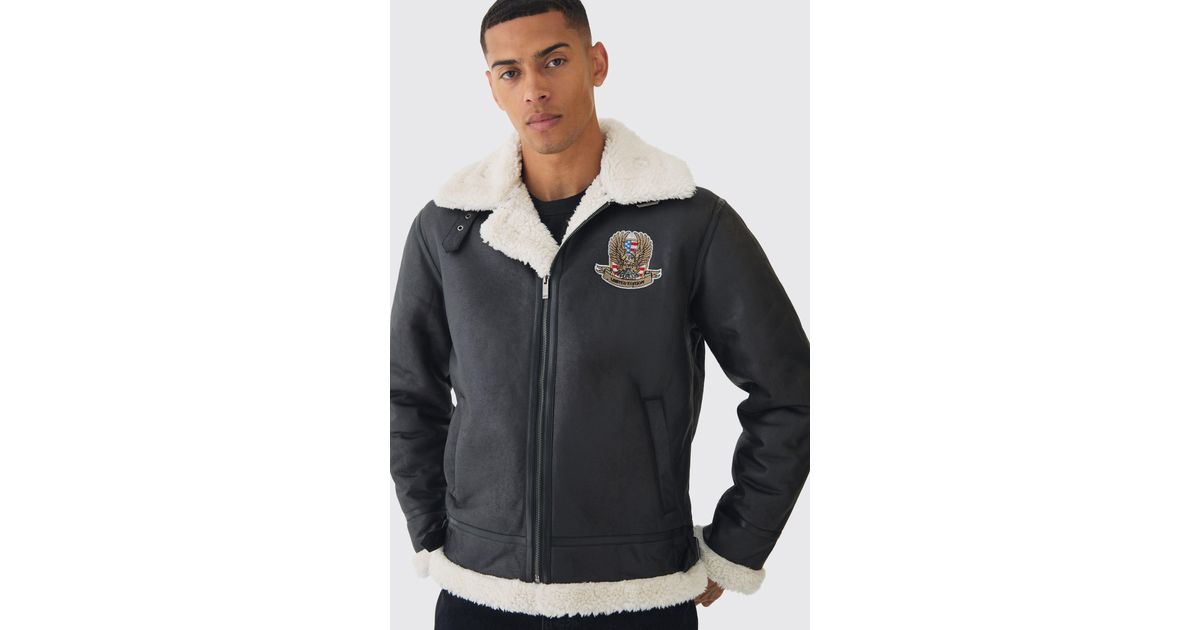 BoohooMAN Official Badge Suede Flight Jacket in Black for Men | Lyst