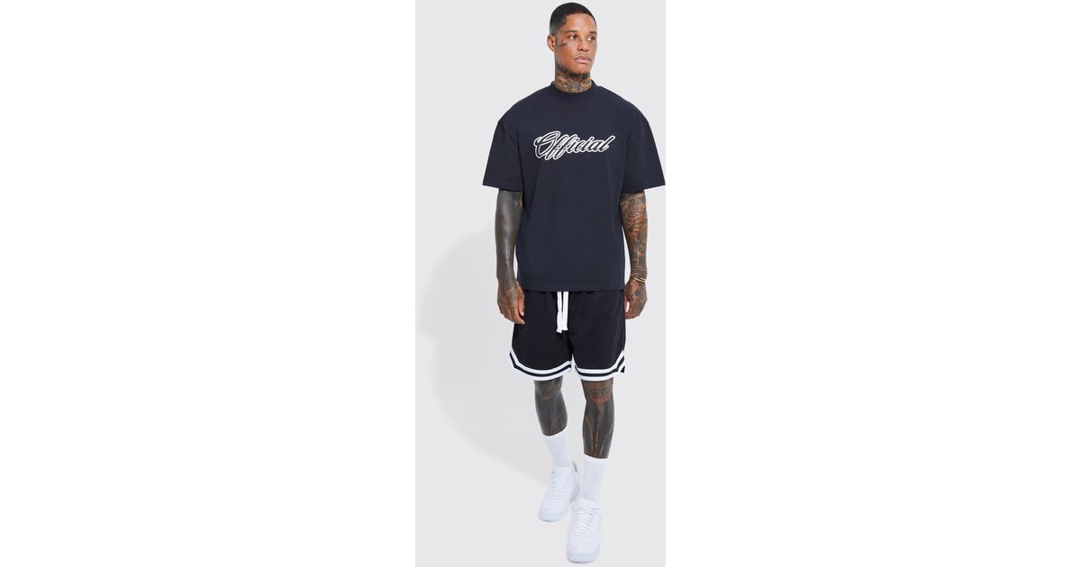 Boohooman Oversized Official T Shirt And Mesh Short Set In Blue For Men