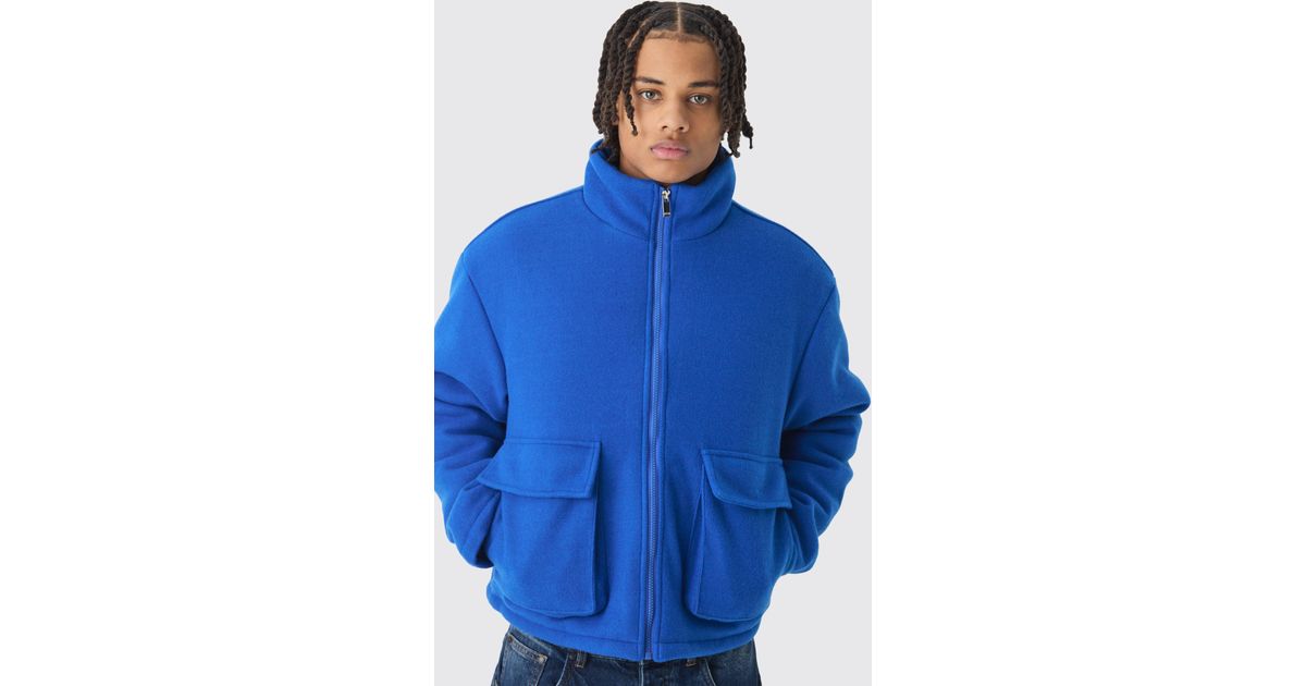 BoohooMAN Boxy Melton Funnel Neck Puffer Jacket In Blue for Men | Lyst