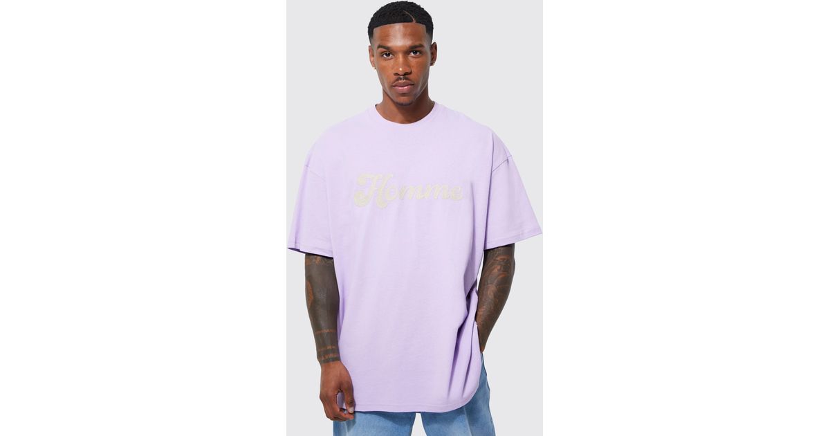 Boohooman Oversized T Shirt With Homme Crochet Text In Purple For Men