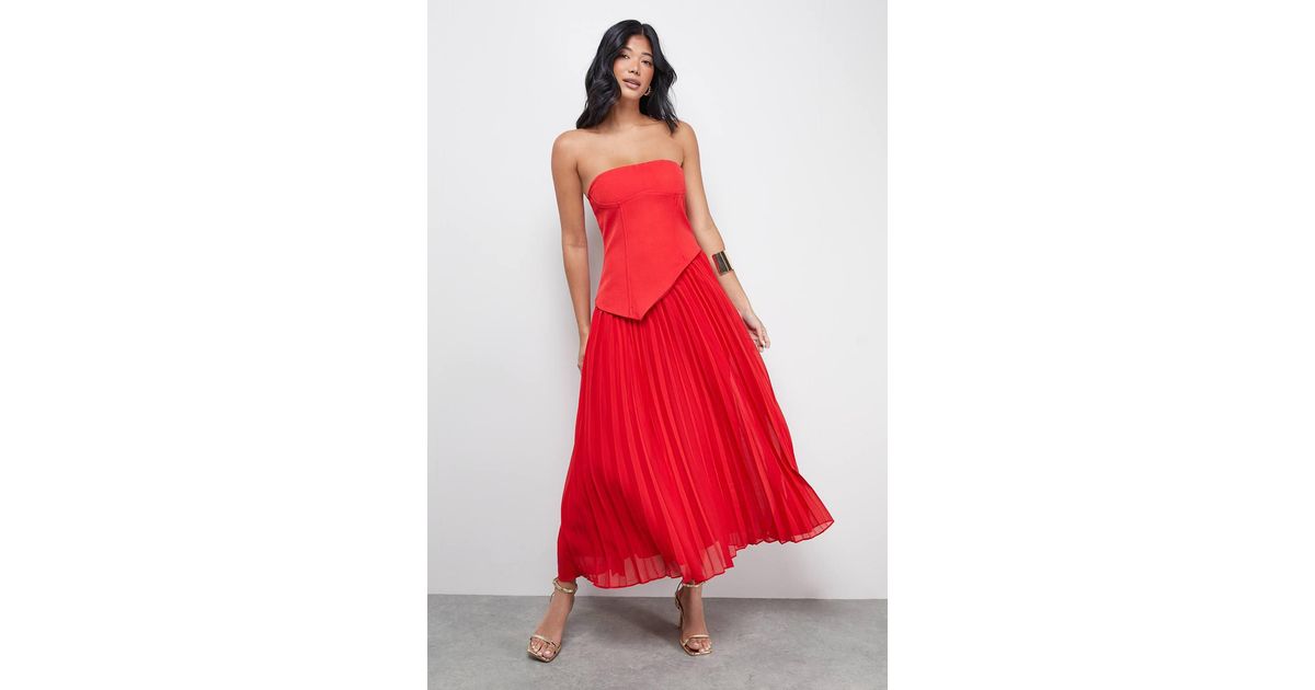 Warehouse Bandeau Bodice Pleated Chiffon Midi Dress in Red | Lyst
