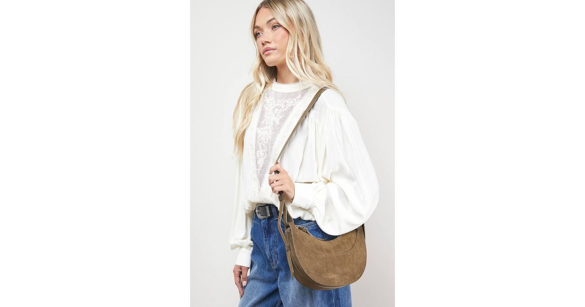 Oasis Relly Faux Suede Half Moon Crossbody Bag in White | Lyst