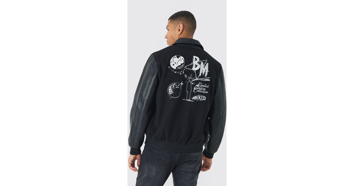 BoohooMAN Astro Badge Collared Varsity Jacket In Black for Men | Lyst