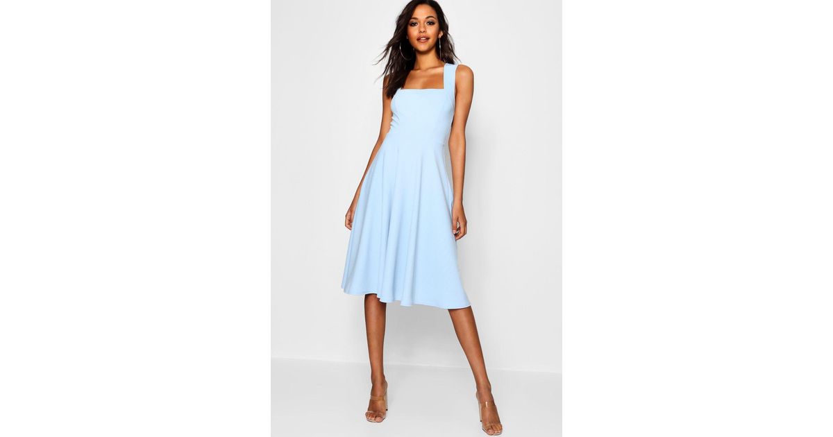 Boohoo Square Neck Midi Skater Dress In Blue Lyst