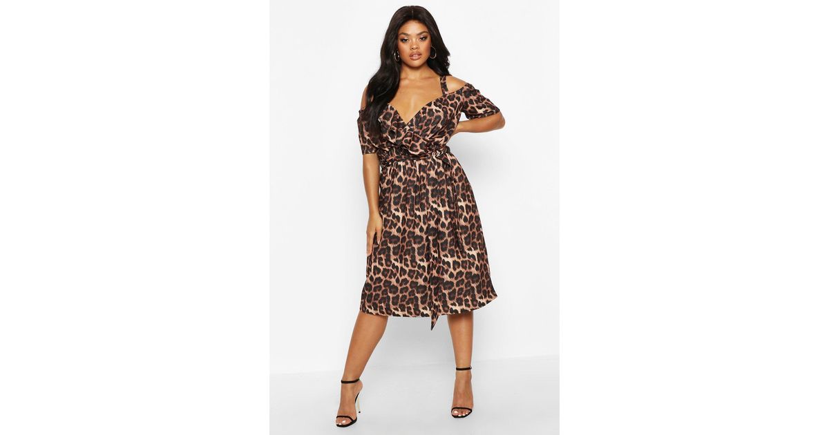 Boohoo Womens Plus Leopard Ruffle Wrap Midi Dress In Brown Lyst