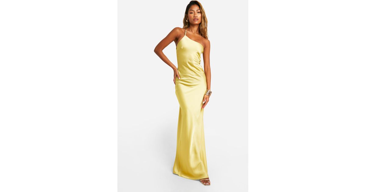 Boohoo Satin Asymmetric Strap Maxi Dress in Yellow | Lyst Canada