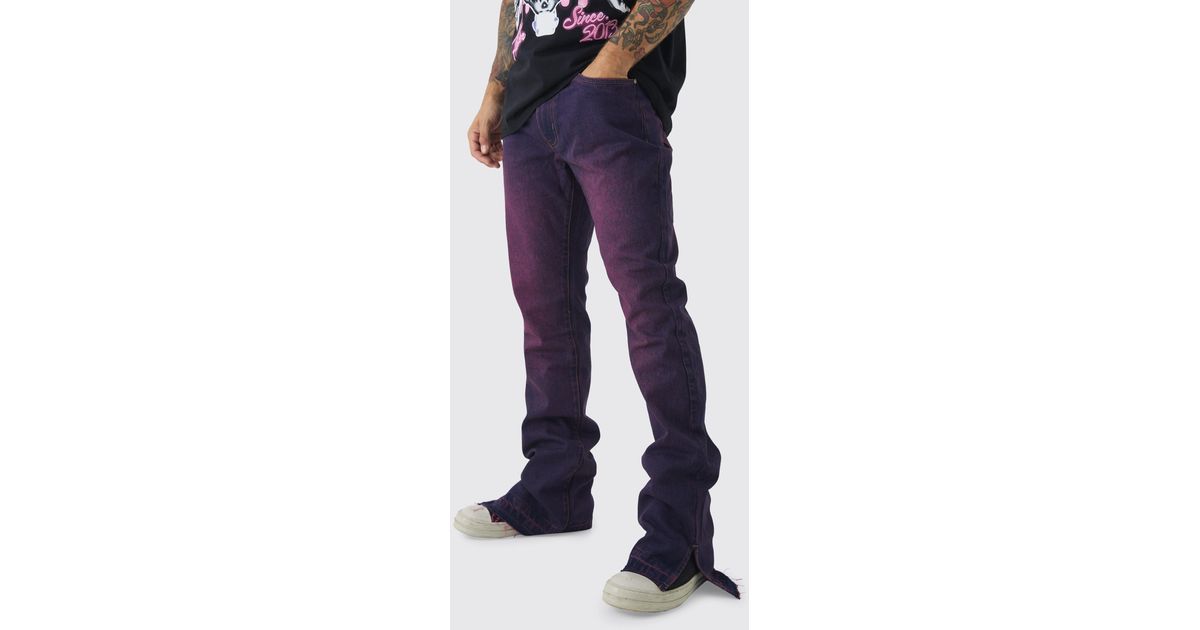 BoohooMAN Slim Rigid Flared Stacked Dark Pink Tinted Jeans in Blue for ...