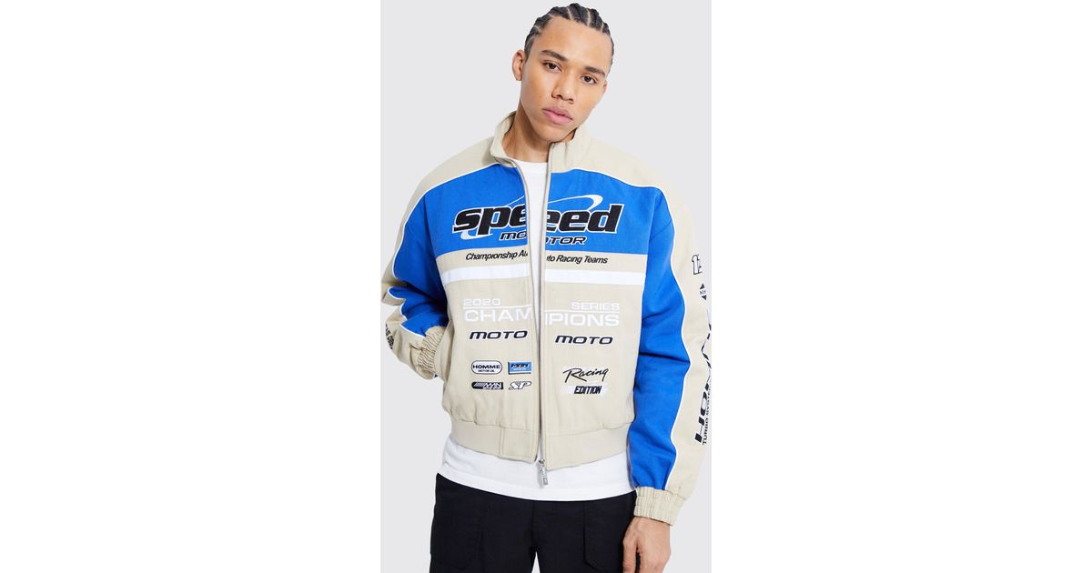 BoohooMAN Tall Boxy Fit Speed Moto Jacket in Blue for Men | Lyst