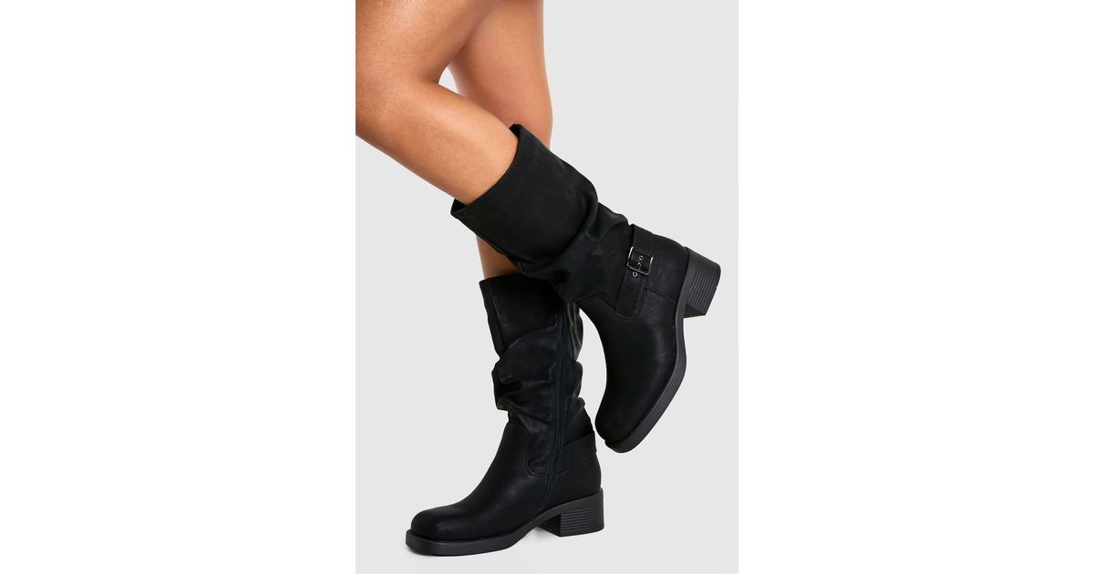 Boohoo Ruched Slouch Buckle Detail Knee High Boots in Black | Lyst