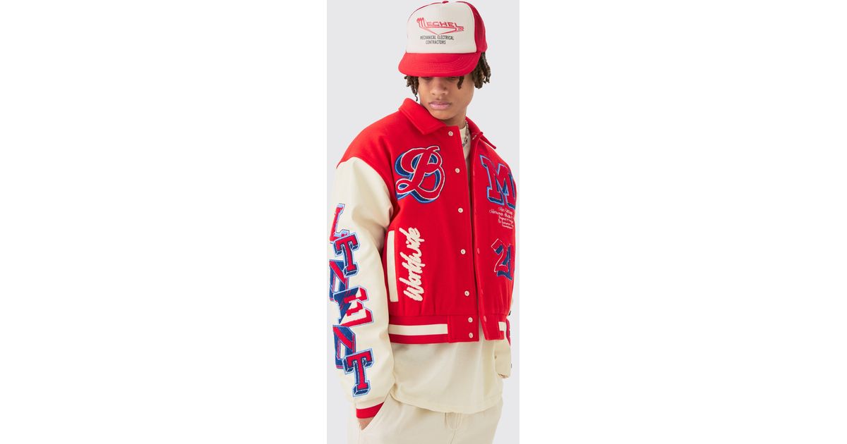 BoohooMAN Boxy Bm Badge Collared Varsity Jacket In Red for Men | Lyst