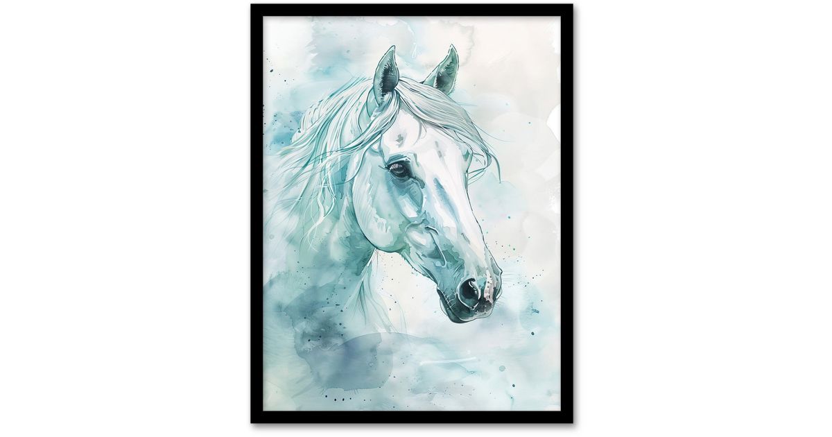 BoohooMAN Artery8 White Horse Portrait Light Blue Watercolour Framed ...