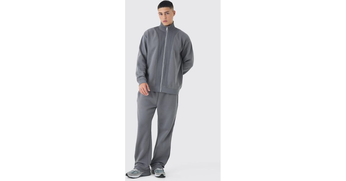 BoohooMAN Oversized Funnel Neck Thick Rib Detail Zip Through Tracksuit ...