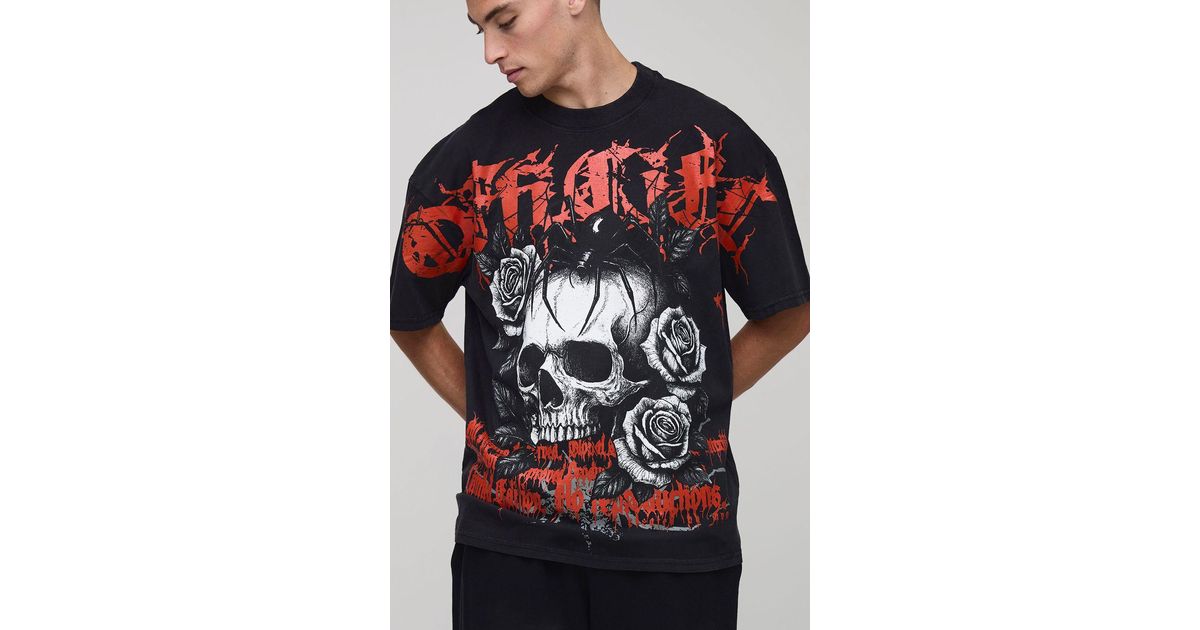 BoohooMAN Oversized Gothic Spider Over Seams Washed T-Shirt in Red for ...