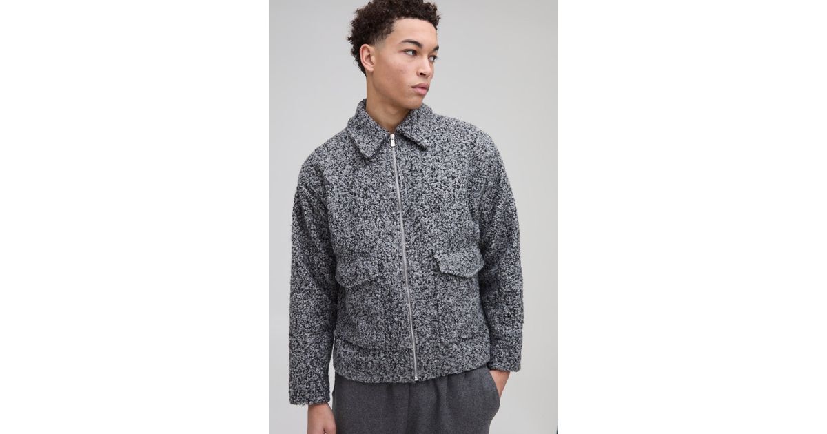 BoohooMAN Oversized Boxy Boucle Harrington Jacket in Gray for Men | Lyst