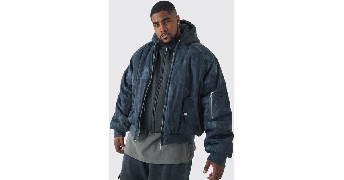 BoohooMAN Plus Boxy Washed Padded Hooded Bomber Jacket In Black in Blue ...