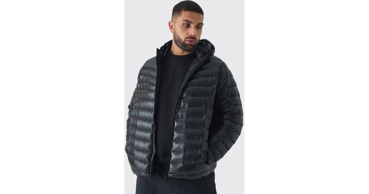 BoohooMAN Plus High Shine Hooded Puffer Jacket In Black for Men | Lyst