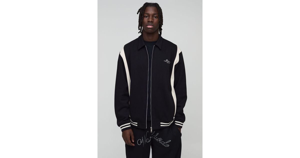 BoohooMAN Oversized Bm Signature Colour Block Jersey Jacket in Black ...