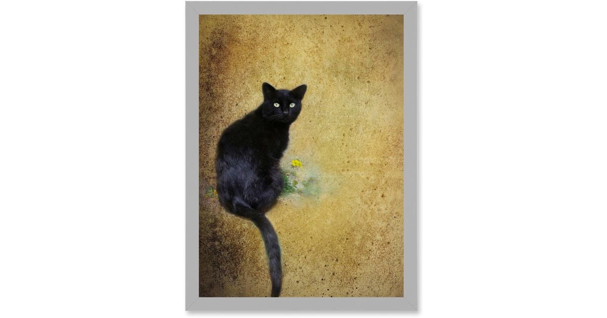 BoohooMAN Artery8 Black Cat With Yellow Flower Artwork Framed Wall Art ...