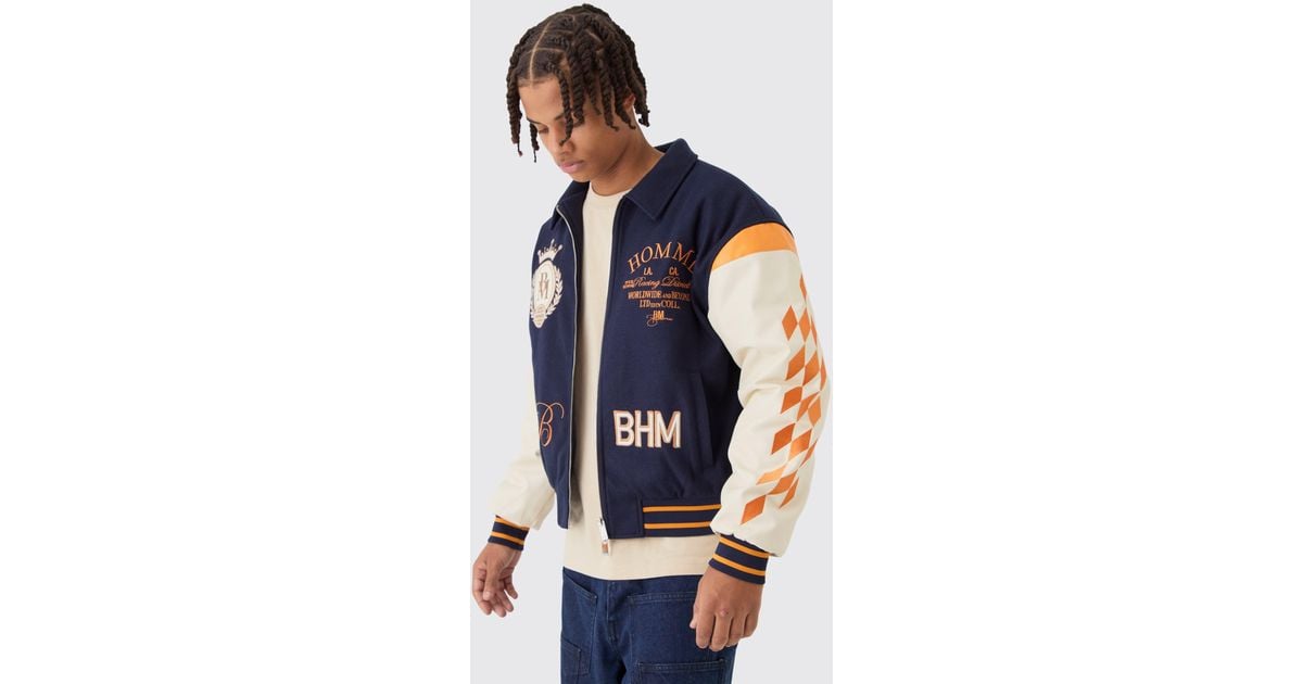 BoohooMAN Boxy Bhm Badge Varsity Bomber Jacket in Blue for Men | Lyst