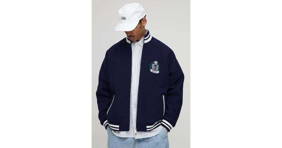 BoohooMAN Oversized Fit Melton Funnel Neck Embroidered Crest Bomber ...