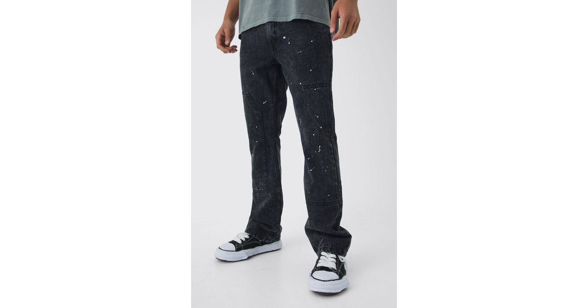 BoohooMAN Slim Rigid Flare Acid Wash Carpenter Paint Splatter Denim ...