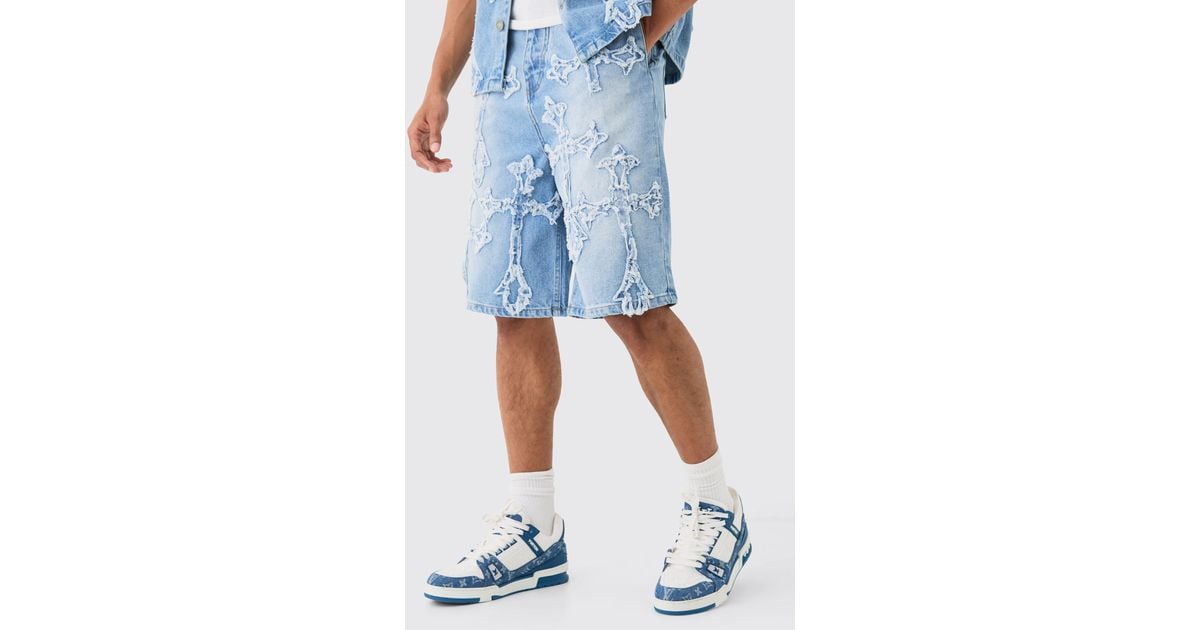 BoohooMAN Distressed Cross Applique Denim Jorts in Blue for Men | Lyst