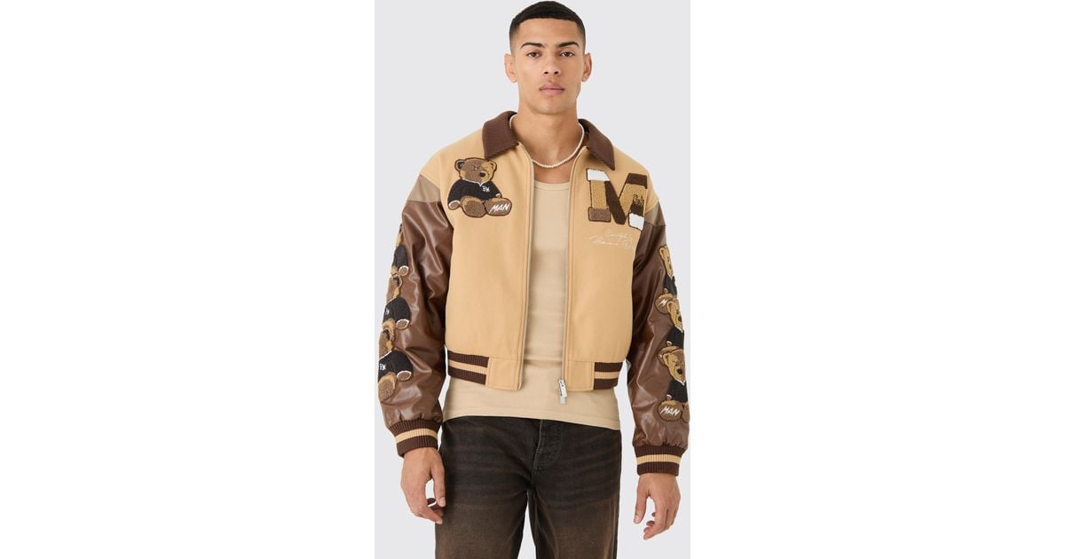 BoohooMAN Boxy Teddy Badge Knitted Collar Varsity Jacket in Natural for ...